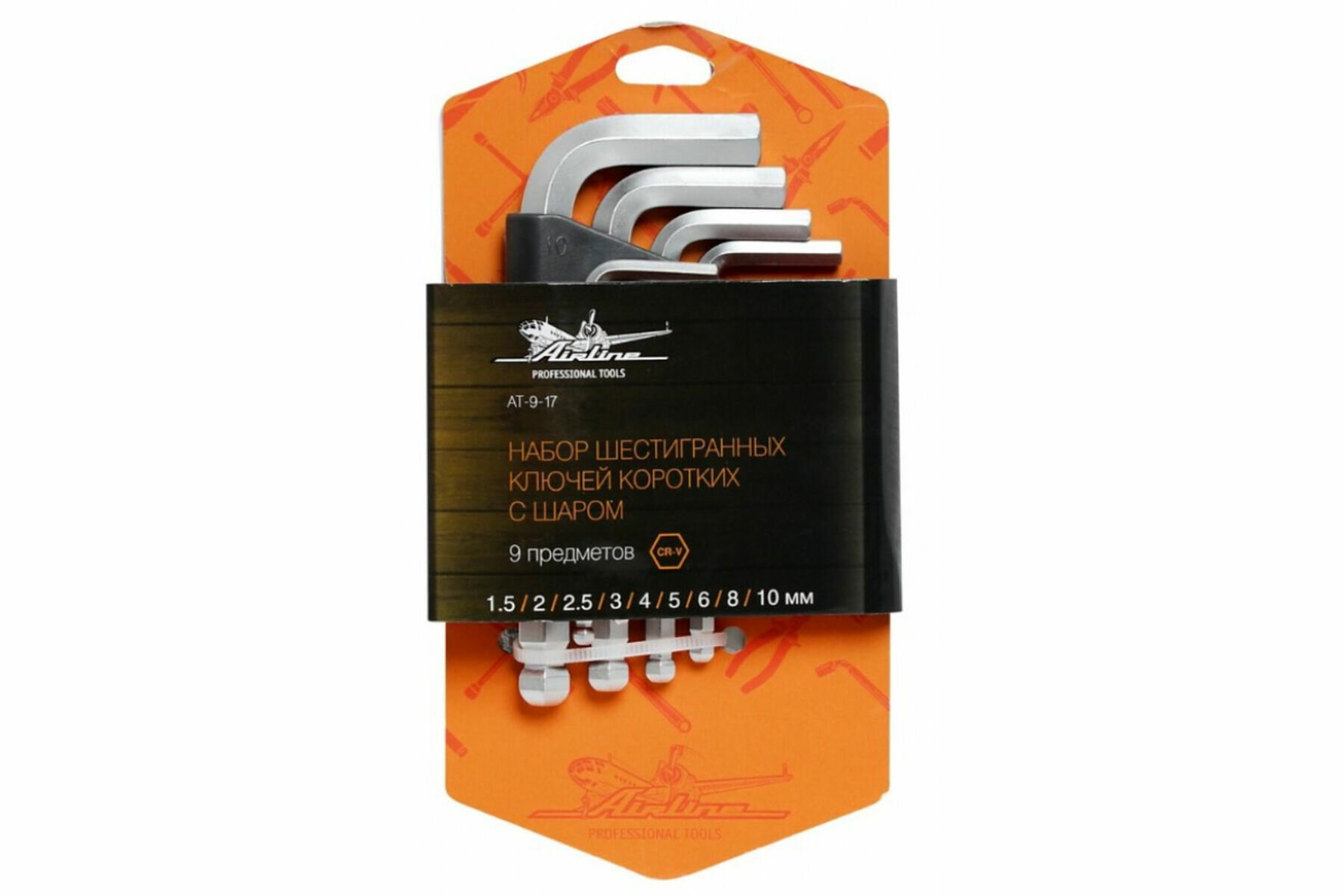 Набор Шестигранных Ключей Коротких С Шаром 9 Предметов (1.5,2,2.5,3,4,5,6,8,10Мм) Пласт. подвес (At-9-17)(Airline At-9-17)
