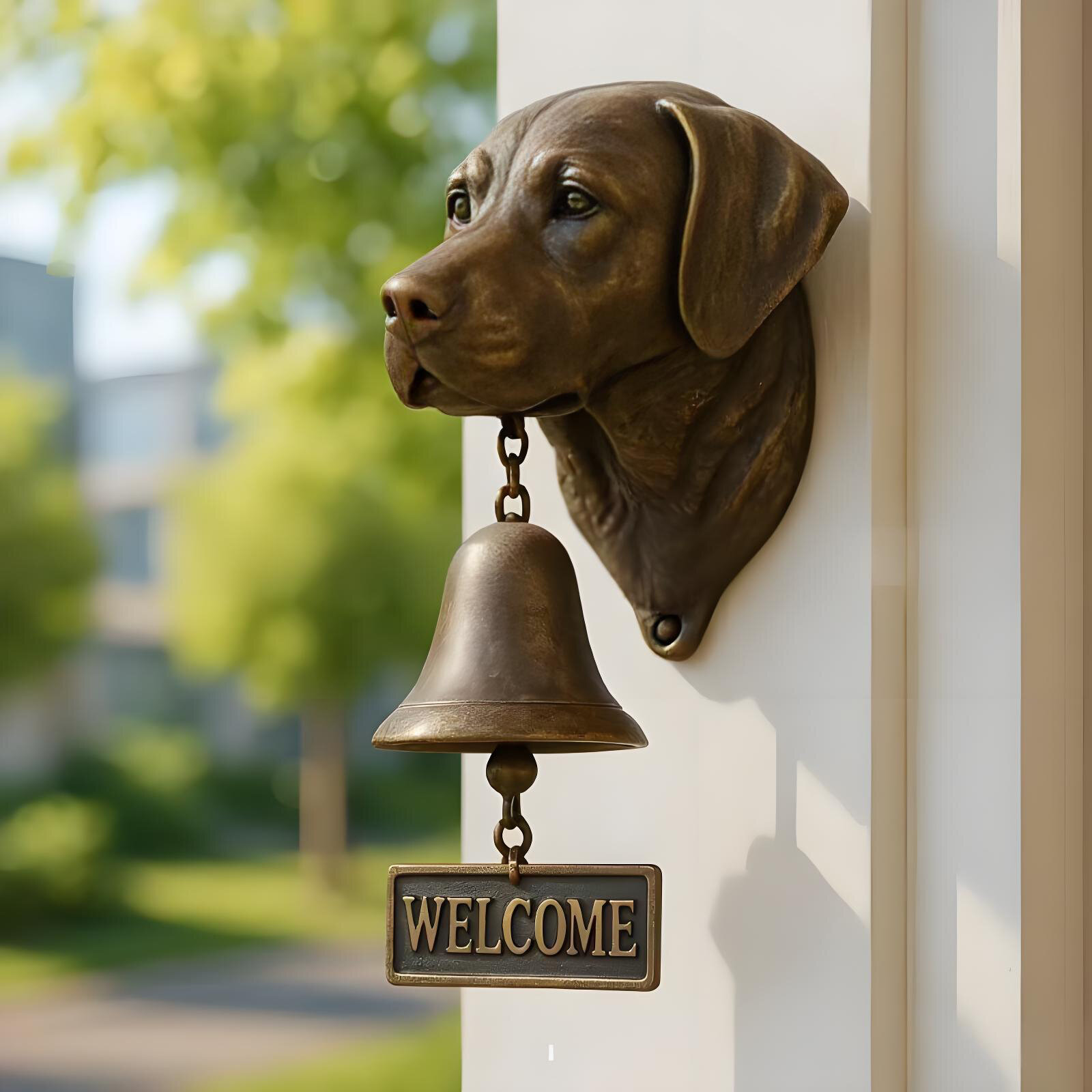 Дверной звонок с собачьим колокольчиком На металлической стене установлены ветряные колокольчики и дверные звонки