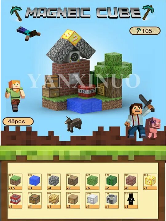 Магнитный конструктор Майнкрафт(Minecraft)/Комплект из 48 магнитных блоков и 1 фигурки