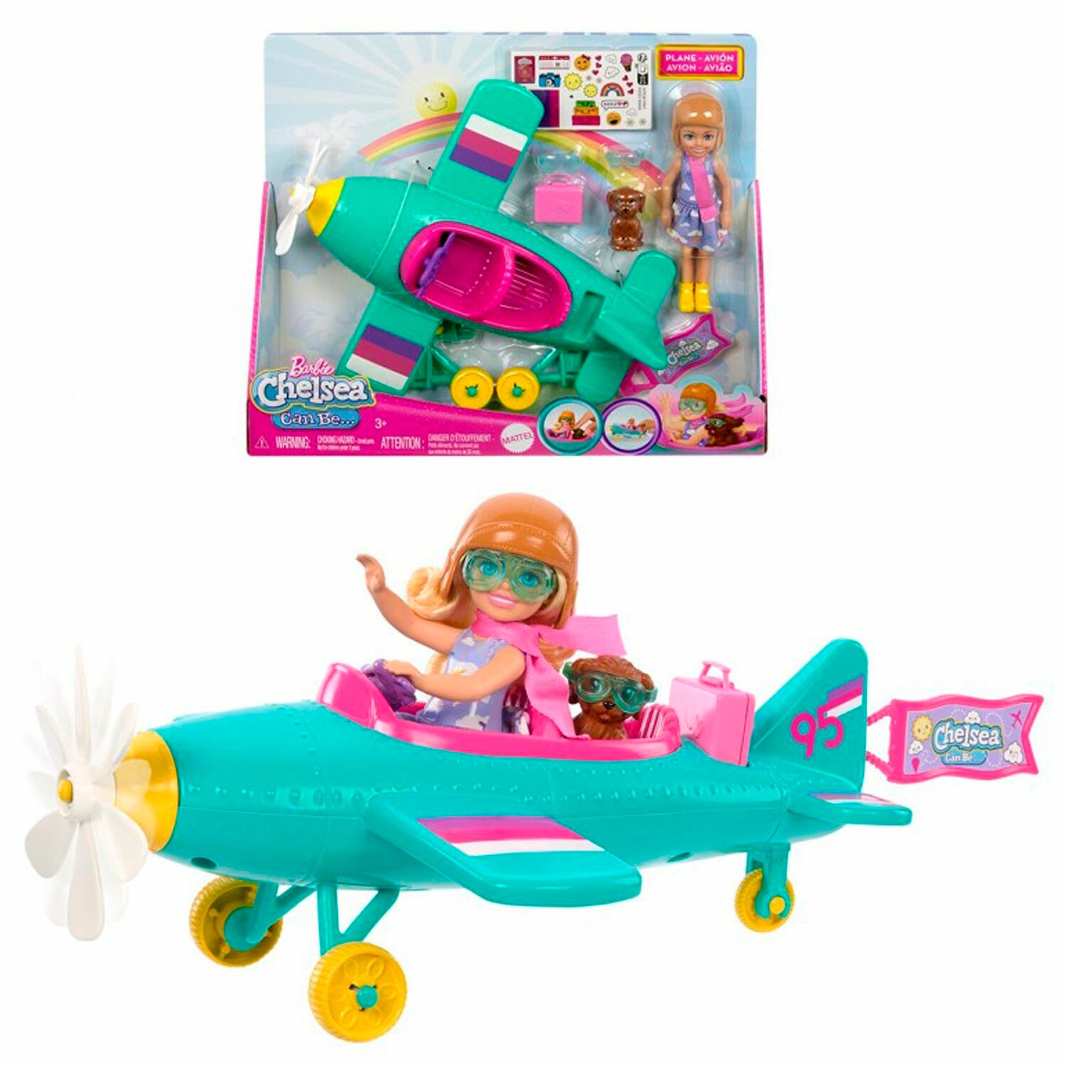 Игровой набор Barbie - Самолёт Челси, в наборе: кукла Челси 10,5см, фигурка собачки 2,5см, модные аксессуары и самолёт (материалы: пластик, текстиль), серия Chelsea, HTK38