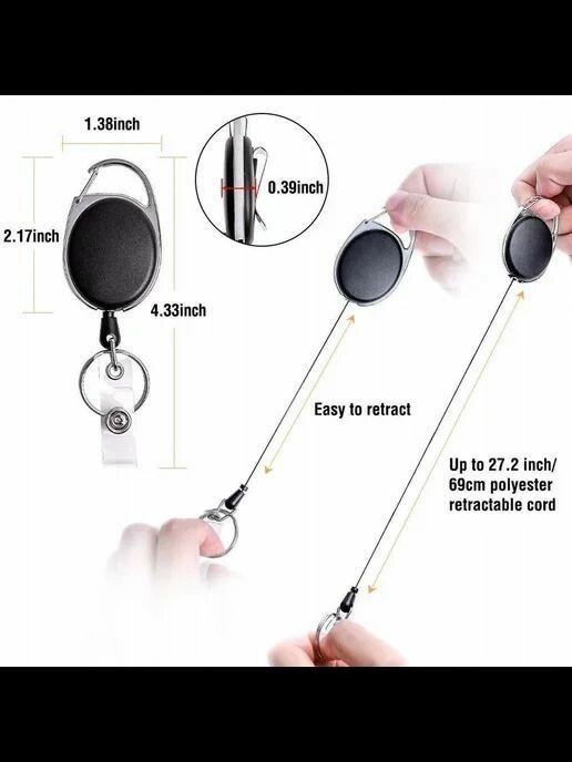 Карабин для бейджа, с держателем-рулеткой, на кнопке, ретрактор Черный 700 мм