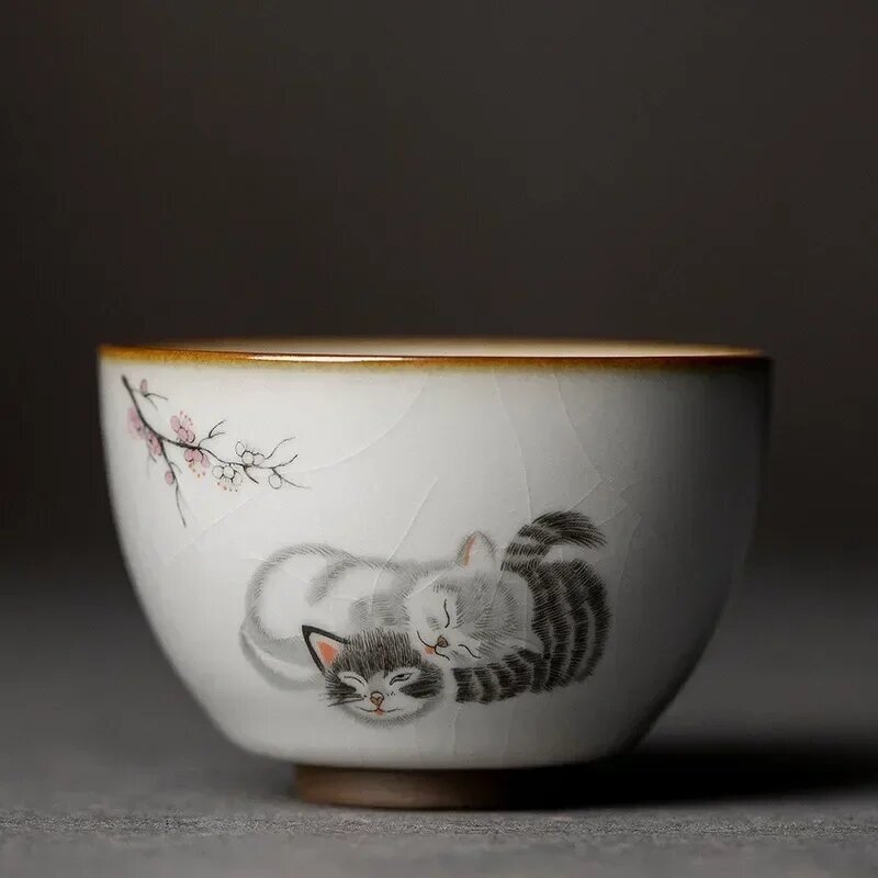 Китайская керамическая чашка для чая Ру Килн / Маленькая чашка Счастливый кот 7.5*4.7см 100мл