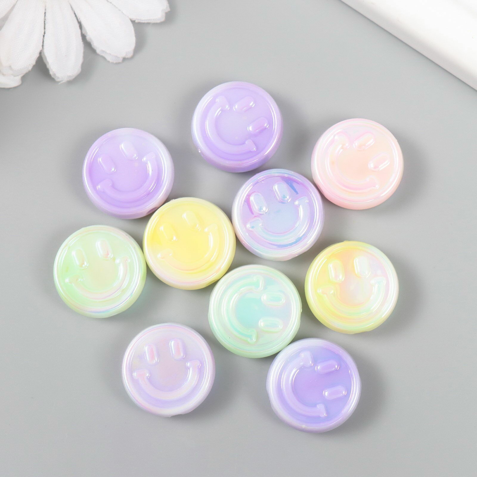 Бусина для творчества пластик "Смайл", перламутр пастель, 2.1x2.1x0.7 см, микс, 10 шт.