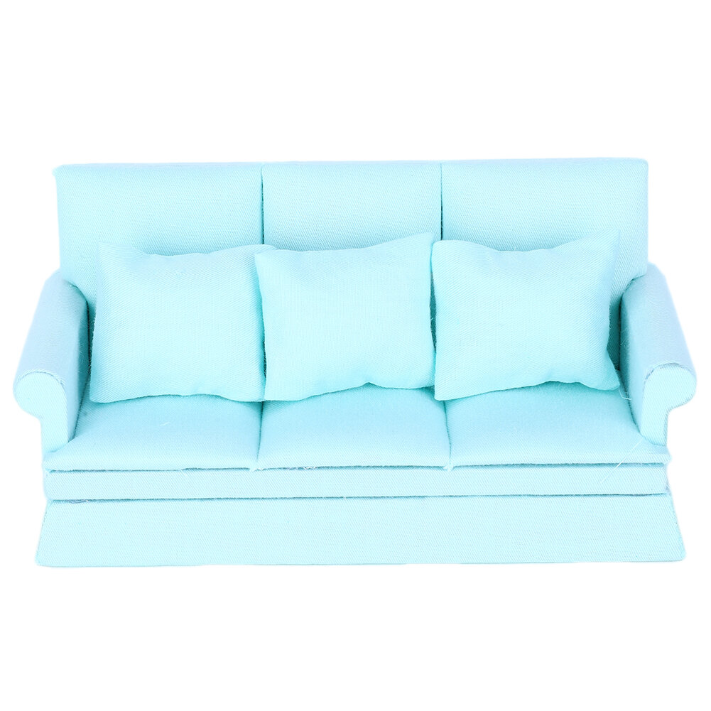 1:12 Doll House Mini Sofa with 3pcs Pillow Living Room Furniture Wooden Decoration AccessoriesBlue