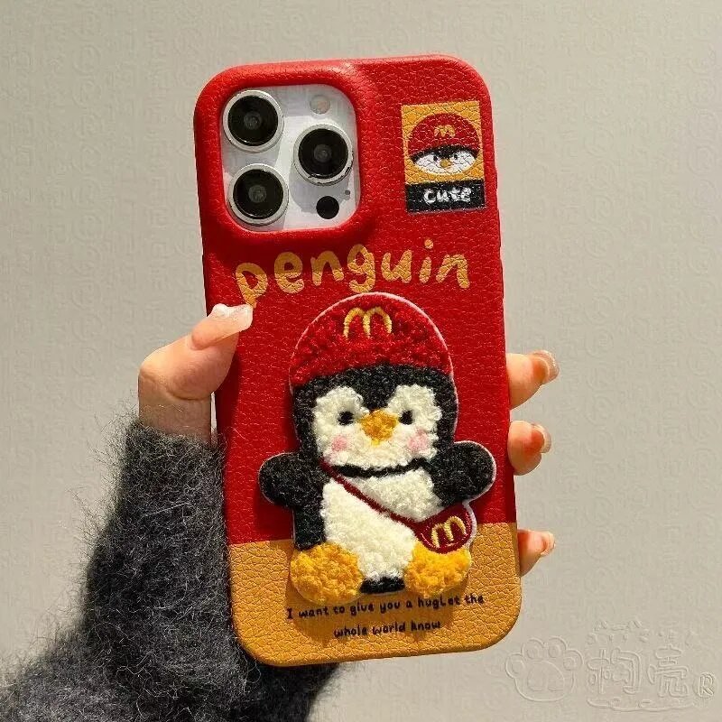 Кожаный чехол с вышивкой в виде медведя, собаки, пингвина для iPhone 17 16 15 13 12 11 14 Pro Max XS XR 7 8 Plus X Coque