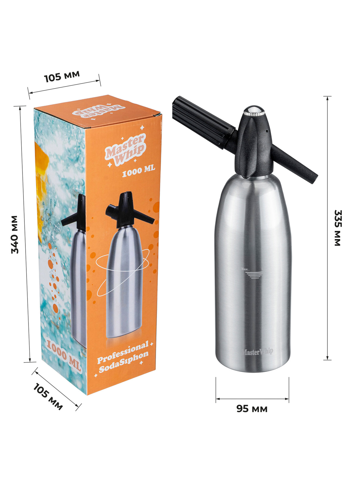 Сифон для газирования воды 1 литр MasterWhip, материал нержавеющая сталь