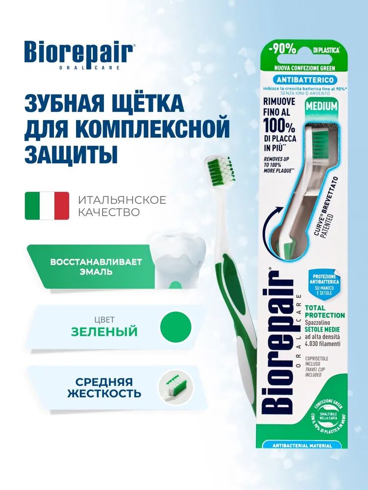 Зубная щетка Biorepair CURVE Protezione Totale средней жесткости, зеленая