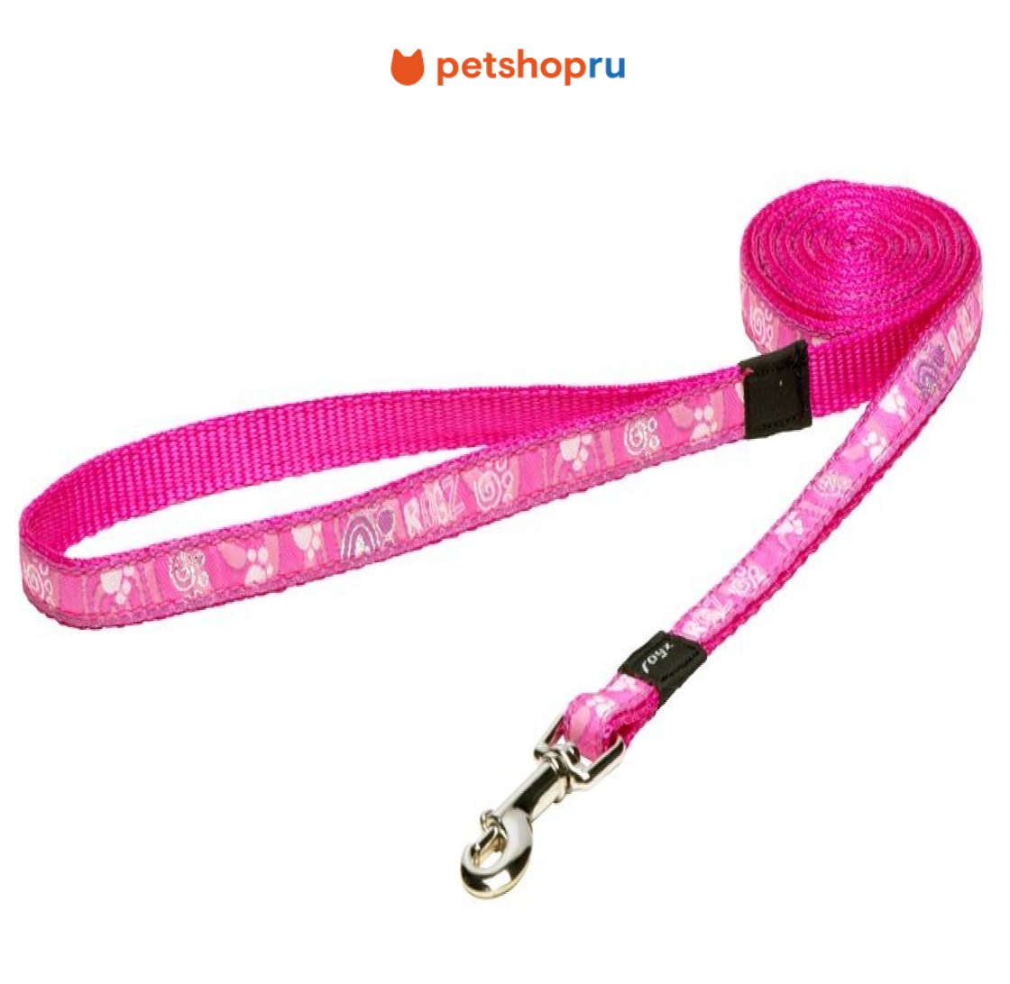 Rogz удлиненный поводок "Fancy dress", р-р L, ш: 2 см, дл: 1,8м, "Розовая лапка"