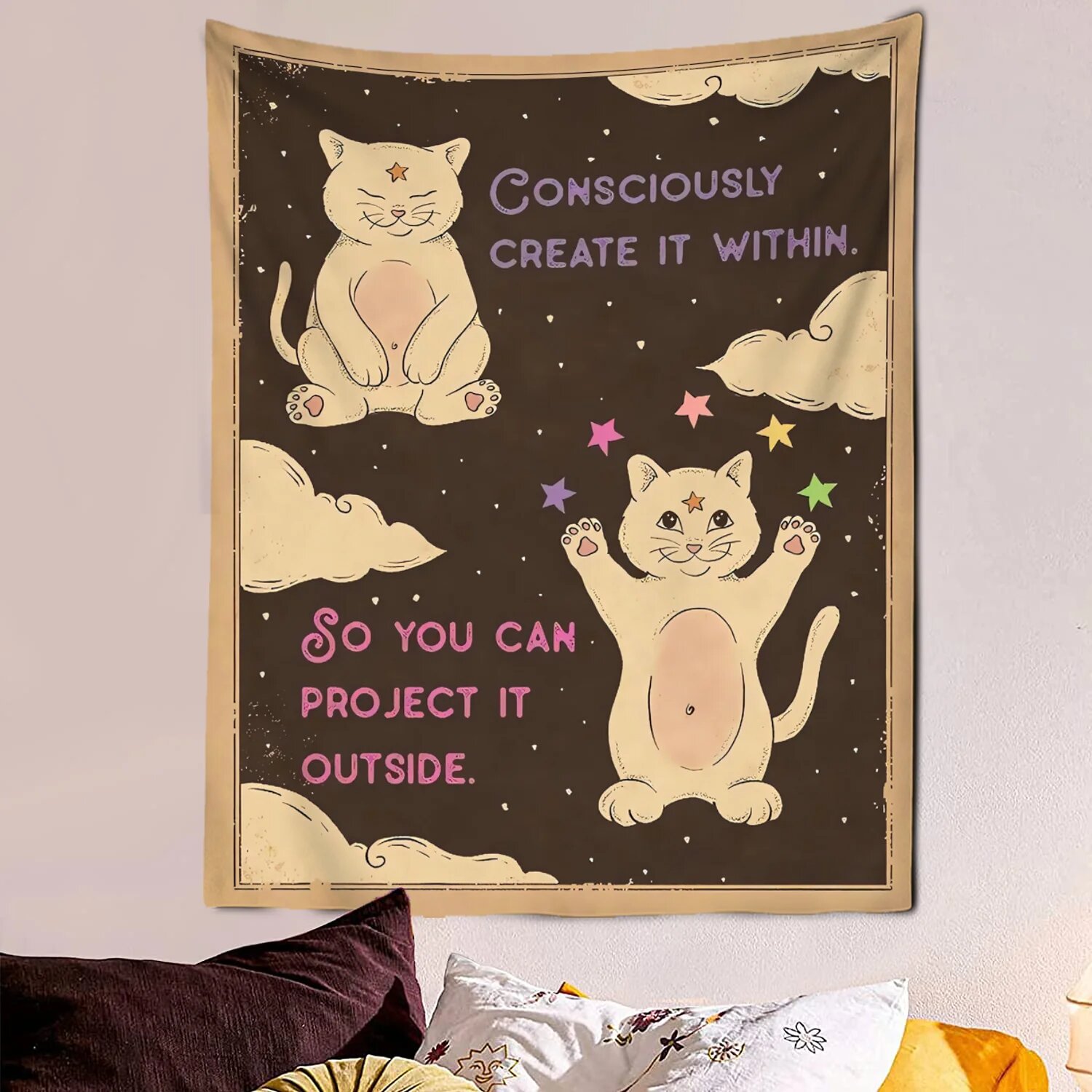 Kawaii Comics Dream Cat Card Гобелен 100% полиэстер Розовый, 95x70cm, gt1124-7