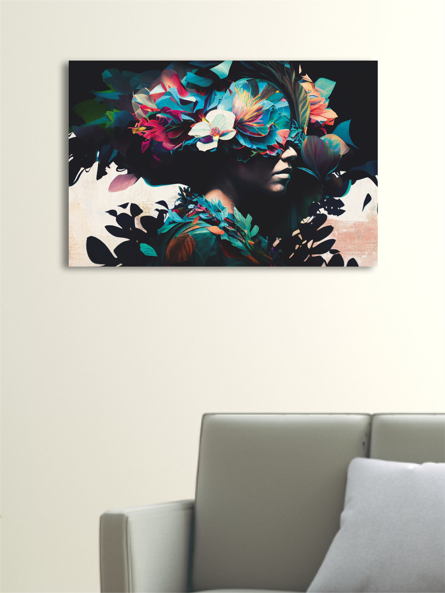 Картина для интерьера на стену портрет. Девушка в цветах и листьях 40х60 см на холсте на подрамнике