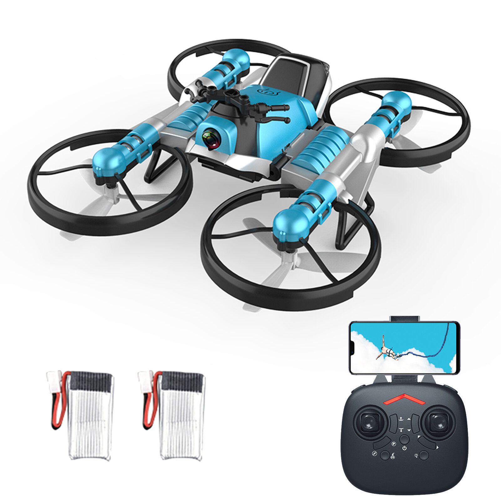 Мини дрон с камерой 2 в 1 мотоцикл самолет деформация радиоуправляемый дрон для начинающих сухопутный воздушный радиоуправляемый игрушки одноклавишный взлет посадка 2 батареи ABS щеточный мотор 2.4G 30м 640*480P 3.7V 500mah 40мин 6-8мин 17.1*9.5*7.2см