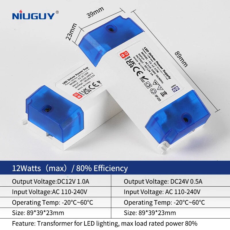 NIUGUY Трансформатор светодиодного освещения 12-100Вт 12W, DC 24V