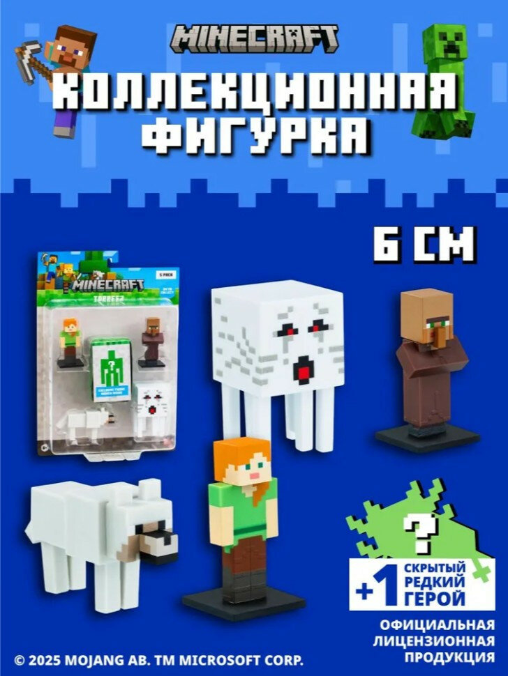 Набор топперов Minecraft – Волк, сельский житель, Гаст, Алекс и Хранитель (секретная) (5 фигурок в блистере) (MC2040B)