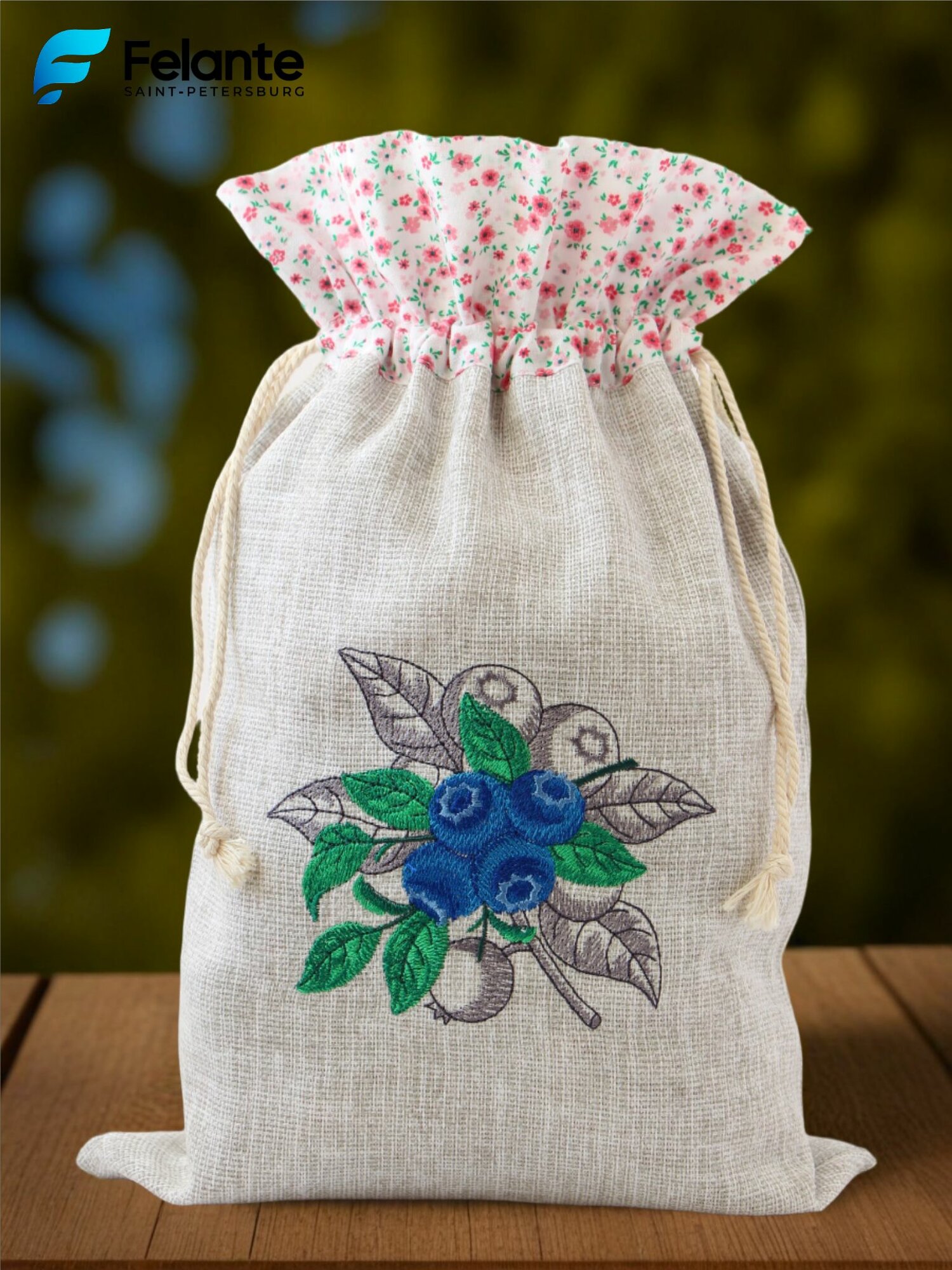 Экомешочек из льна для хранения продуктов с вышивкой "Голубика" 1шт.