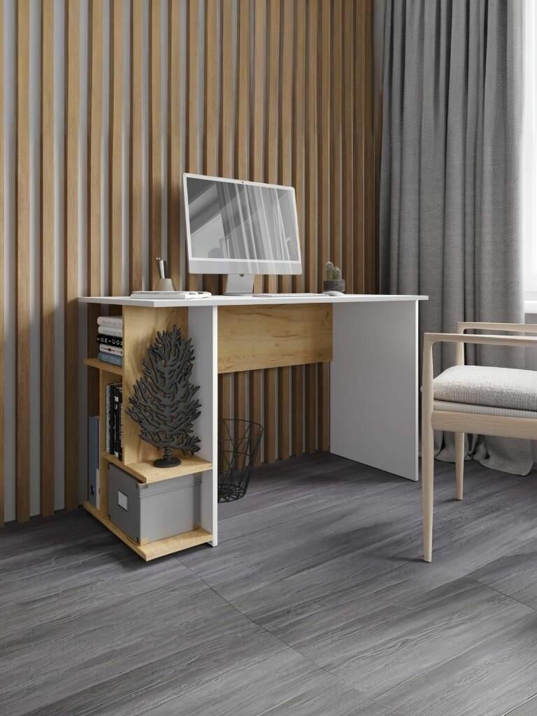 Компьютерный стол 120х75х60, с полкой, белый, дуб крафт золотой, 1 шт.