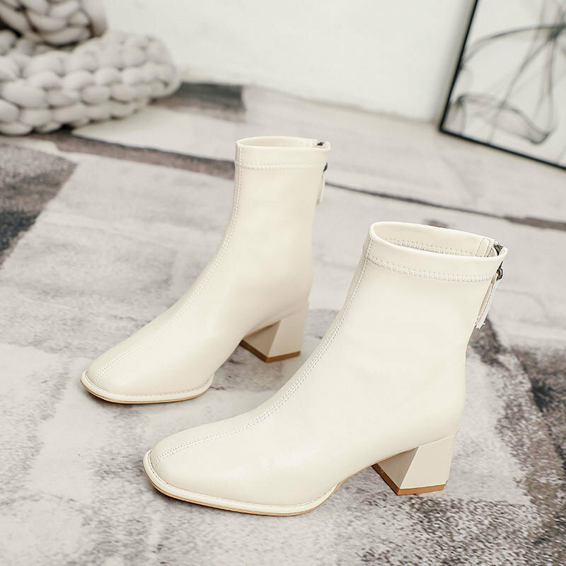 MOOCIE Женские короткие сапоги на высоком толстом каблуке, новый стиль 2025 года, сапоги из мягкой кожи, белые, французские, с квадратным носком, осенне-зимние, плюс бархатные, узкие сапоги средней длины