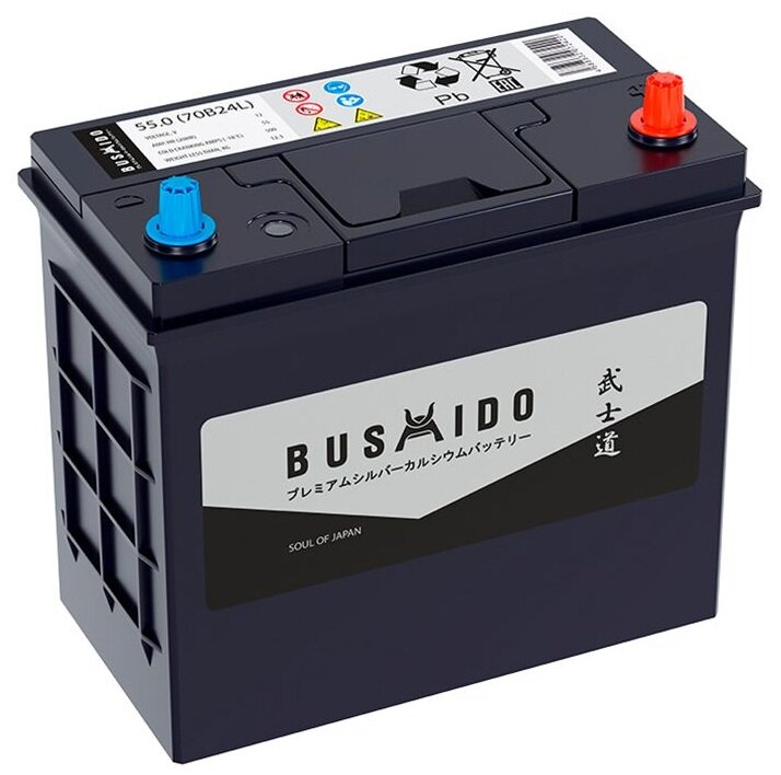 Аккумулятор автомобильный Bushido SJ 70B24L 55 А/ч 500 А обр. пол. тонк. кл. Азия авто (237x127x225) / Oursun