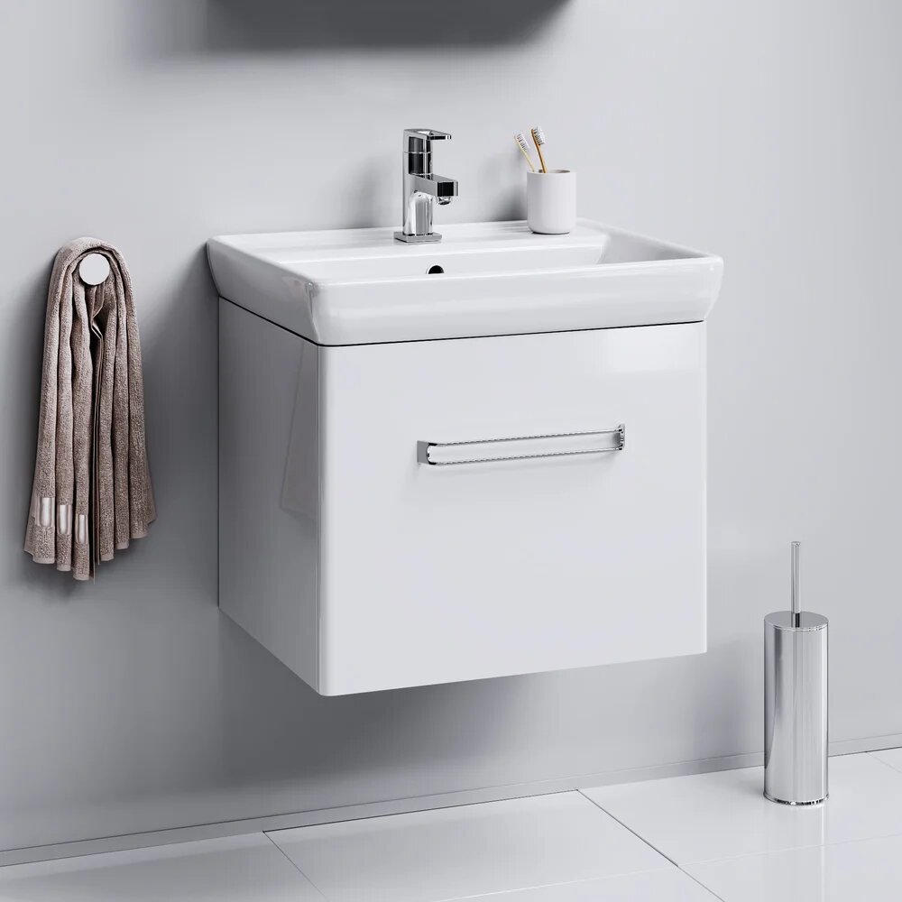 Тумба под раковину без столешницы Aqwella Neo 60 подвесная, белая, глянцевая, из МДФ, тумба для ванной, с ящиками, с доводчиками