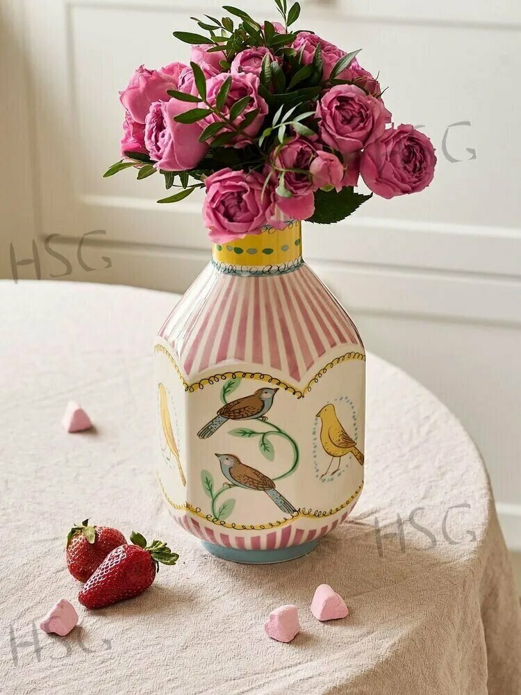 Фарфоровая бутылка "Соловей и Роза", ручная роспись, 25см, для гидропоники