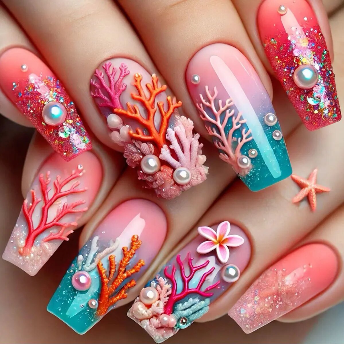 Press On Nails Ocean Series, летние свежие накладные ногти, милые носимые накладные ногти с принтом «Подводный мир», коралловые ногти