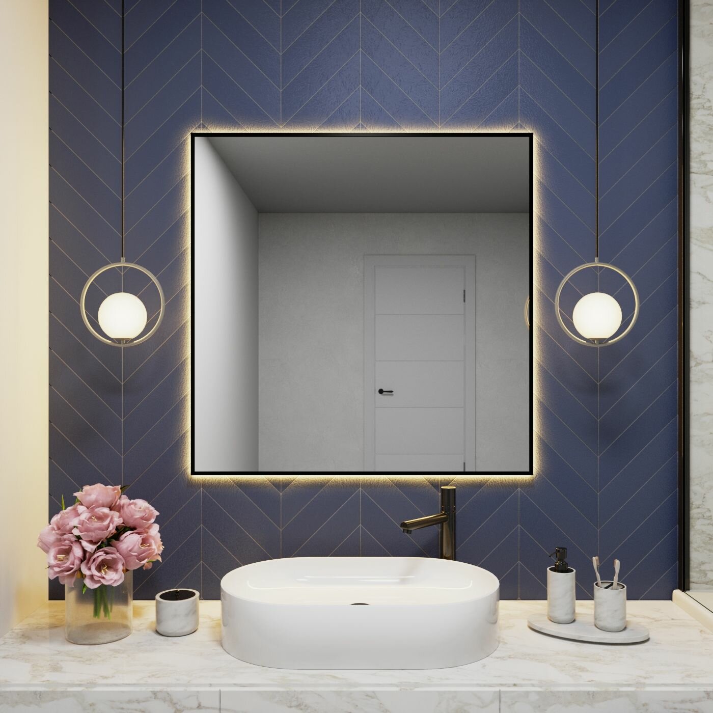 Зеркало настенное 90х90 см. BLX MIRROR с подсветкой в ванную в алюминиевой раме. Свет: Теплый белый 3000К, Черное