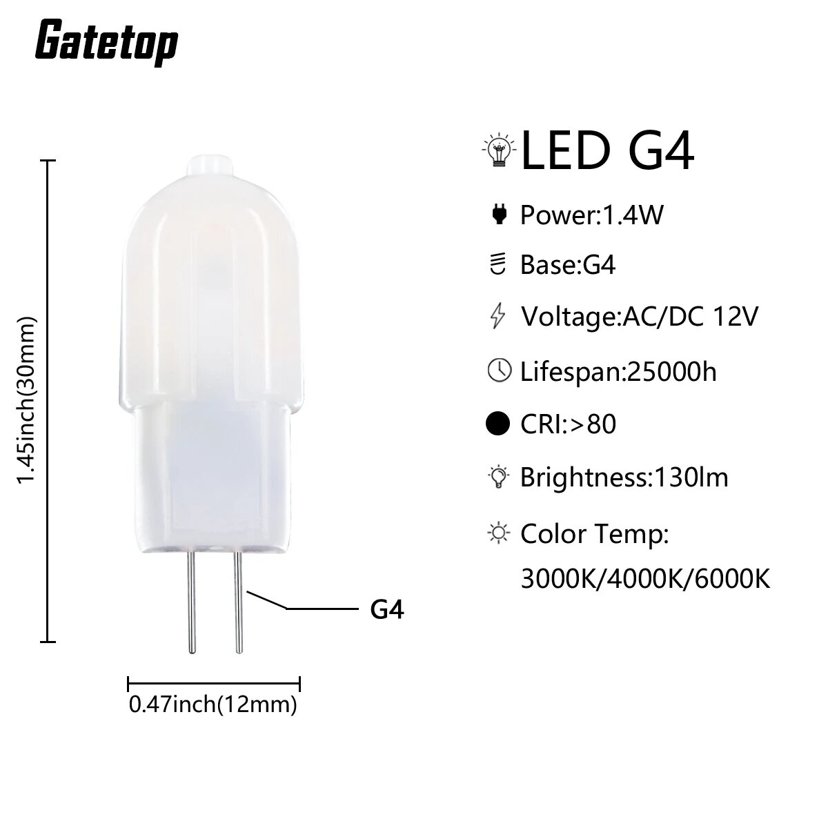 LED лампа Gatetop G4 12В 1.2Вт-3Вт Белый, G4 1.4W, 2 шт, natural light 4000K