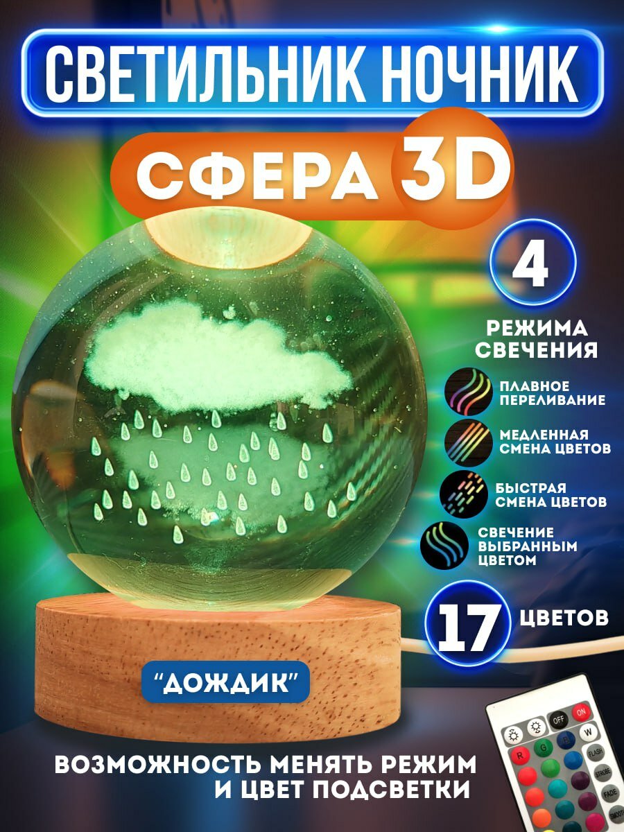 Ночник светильник стеклянный шар лампа 3D - Дождик