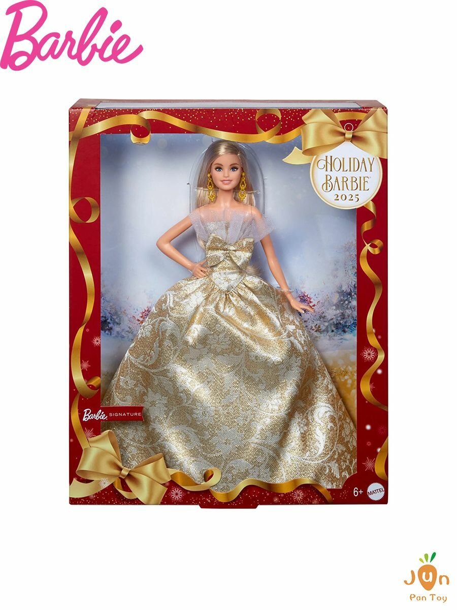 Mattel Barbie Signature 2025 Holiday Doll JBJ00 / игрушки для девочек с кукла барби, одетой в золотистое платье с вырезом из тюля и большим бантом, подходит для детей от 6 лет и старше