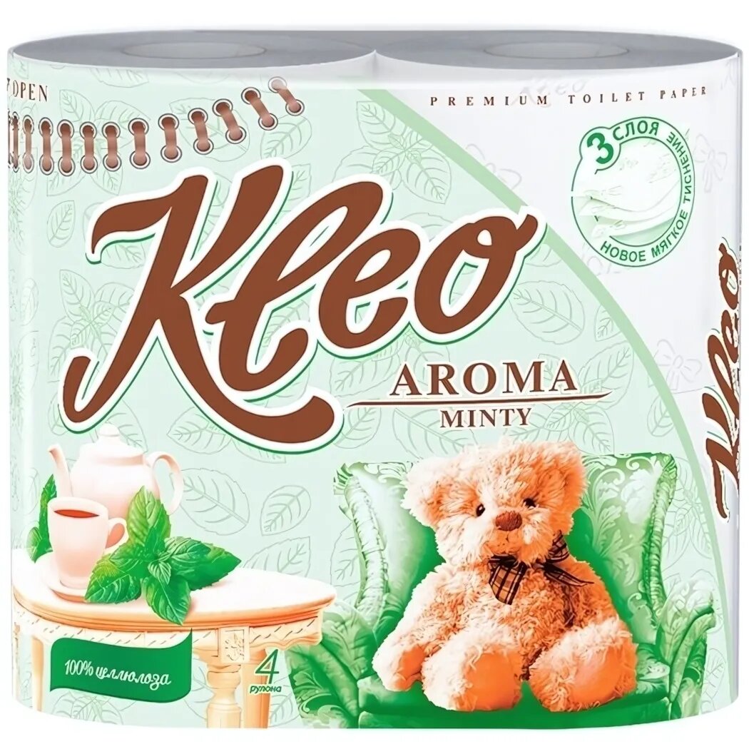 Туалетная бумага «Kleo» 3 слоя, 4 рулона, аромат мяты, зеленая упаковка