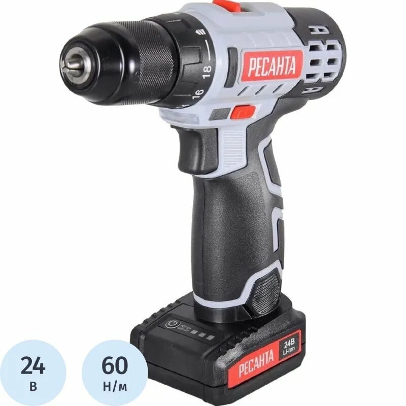 Дрель-шуруповерт аккумуляторная 24В Ресанта ДА-24-2ЛК (75/14/7), 1247471