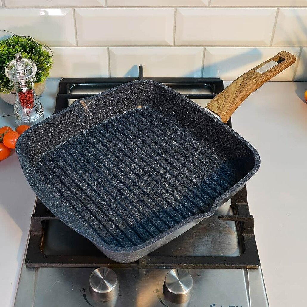 Сковорода-гриль квадратная 26х26см "Premium", антипригарная, алюминий литой, цвет серый камень