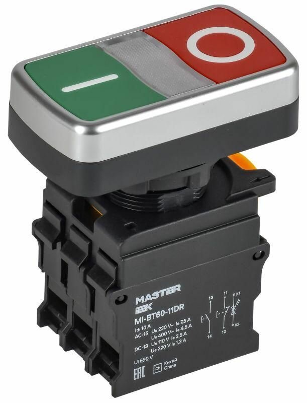 Кнопка «I-O» d22мм 1НО+1НЗ MASTER с подсветкой IEK MI-BT60-11DR-3-11-K51