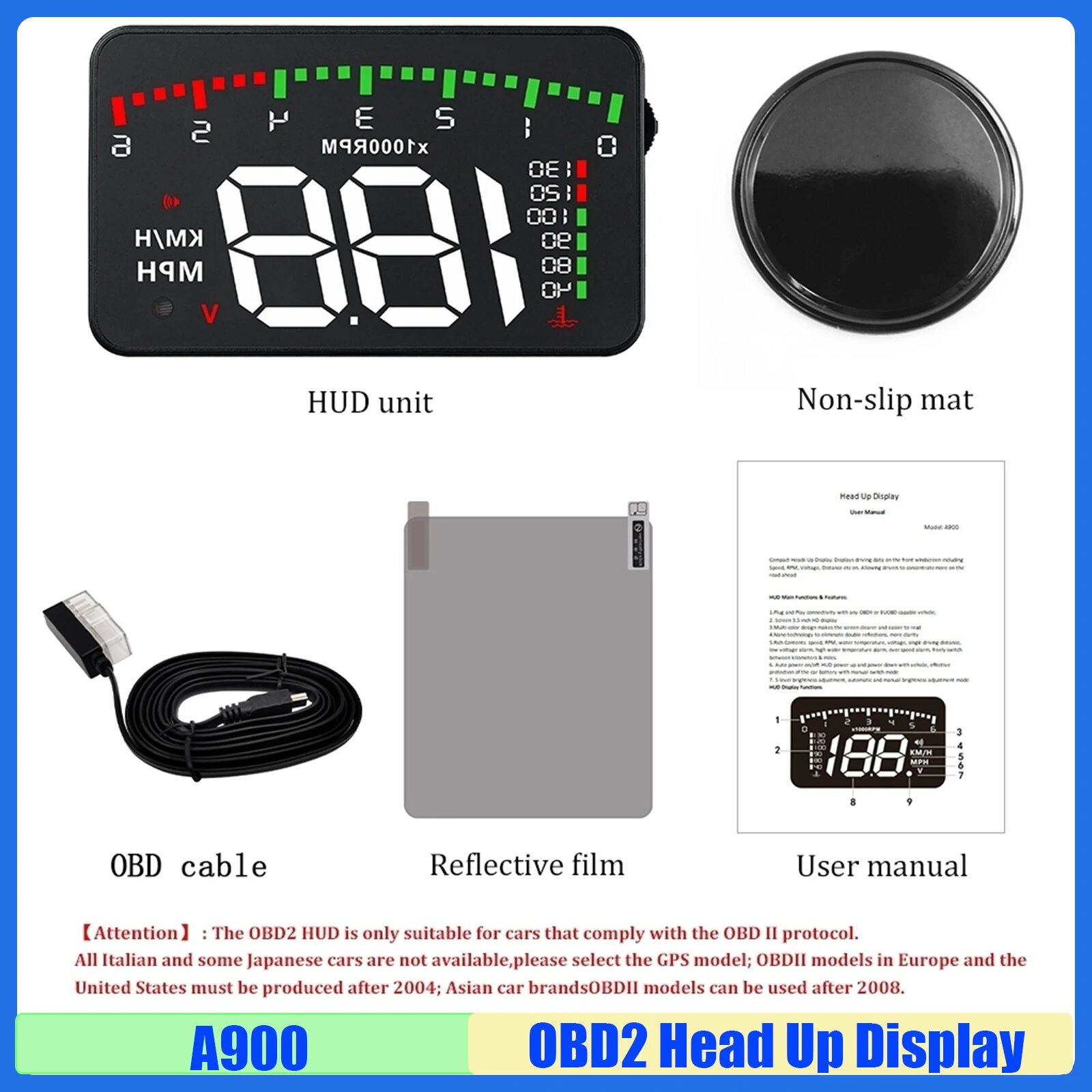 A900 HUD проектор на лобовое стекло автомобильный спидометр цифровой светодиодный OBD2 автомобильный проекционный дисплей температура воды напряжение сигнализация превышения скорости на заказ, A900