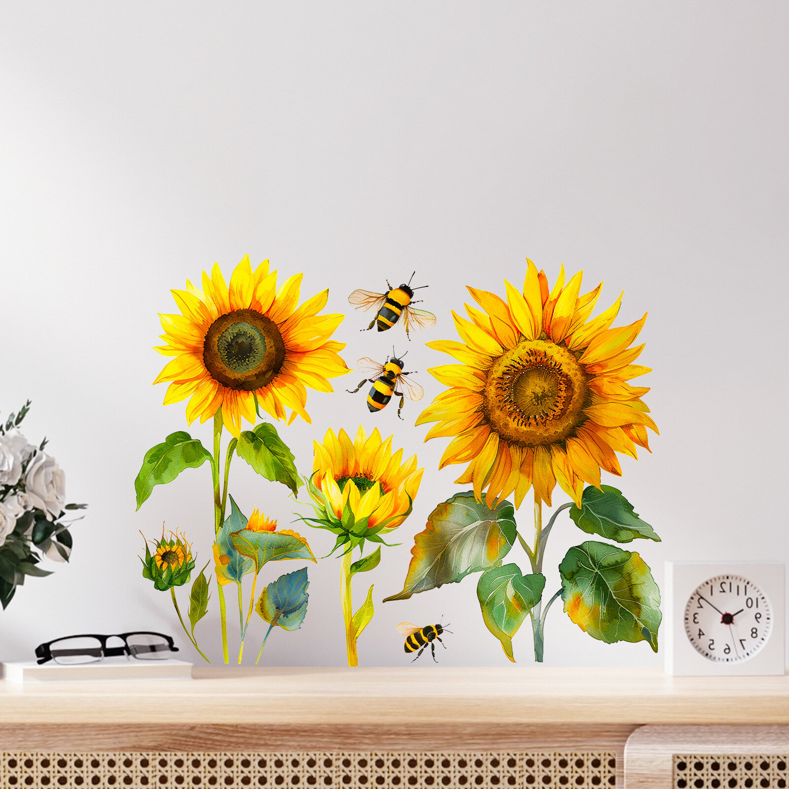 Наклейки на стену с изображением подсолнуха и пчел, обои из ПВХ, съемные настенные наклейки в цветочном стиле, декор для спальни, гостиной, детской, класса, офиса, украшение для дома, фоновая линия плинтуса