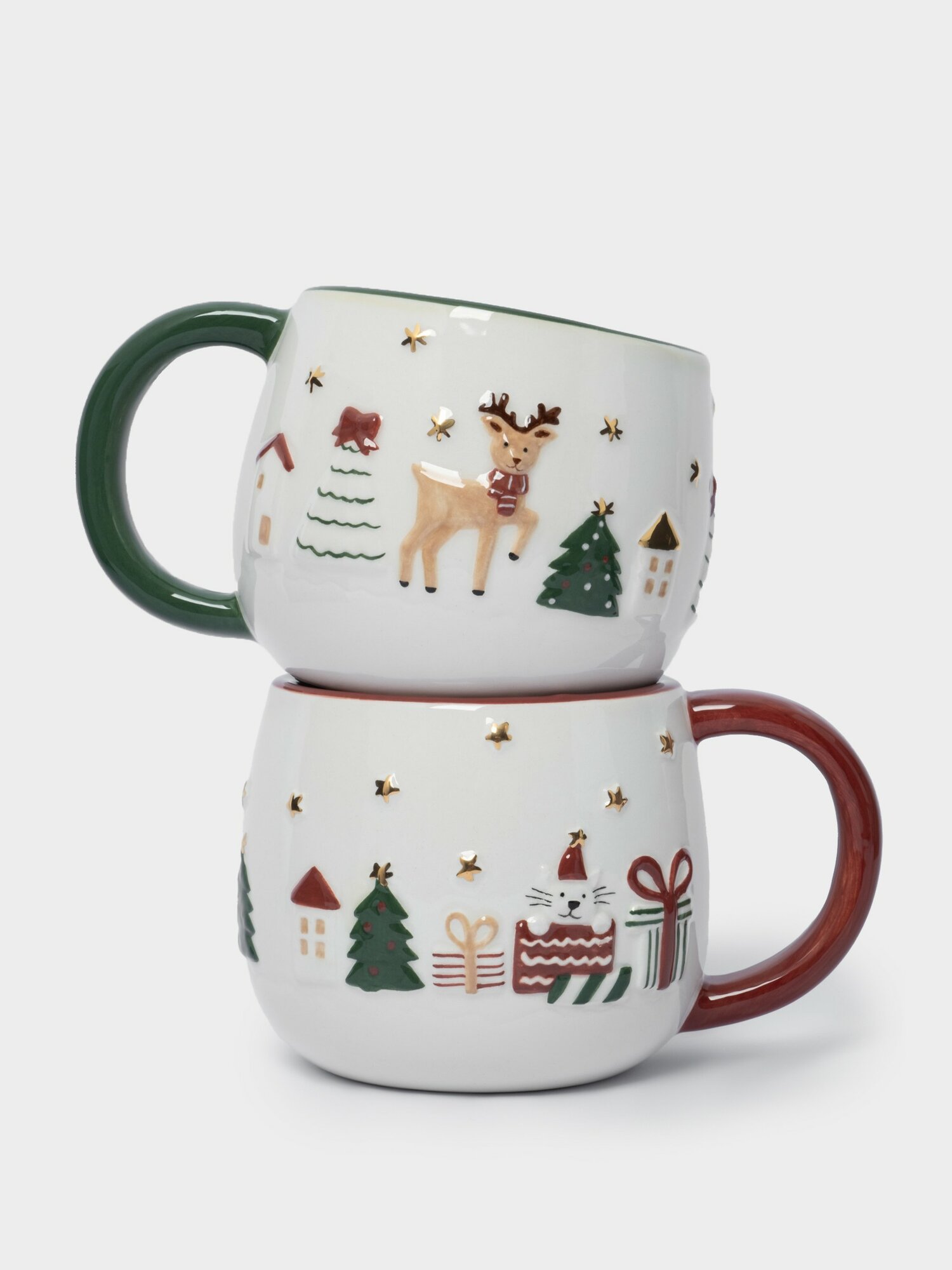 Кружка, 400 мл, 2 шт, керамика, зеленая/красная, Олень и Кот, New year (Anna Lafarg)