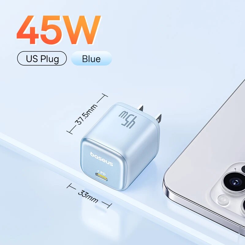 Зарядное устройство BASEUS Picogo 45 Вт PD для iPhone 16 Pro Max GaN, Blue US Plug