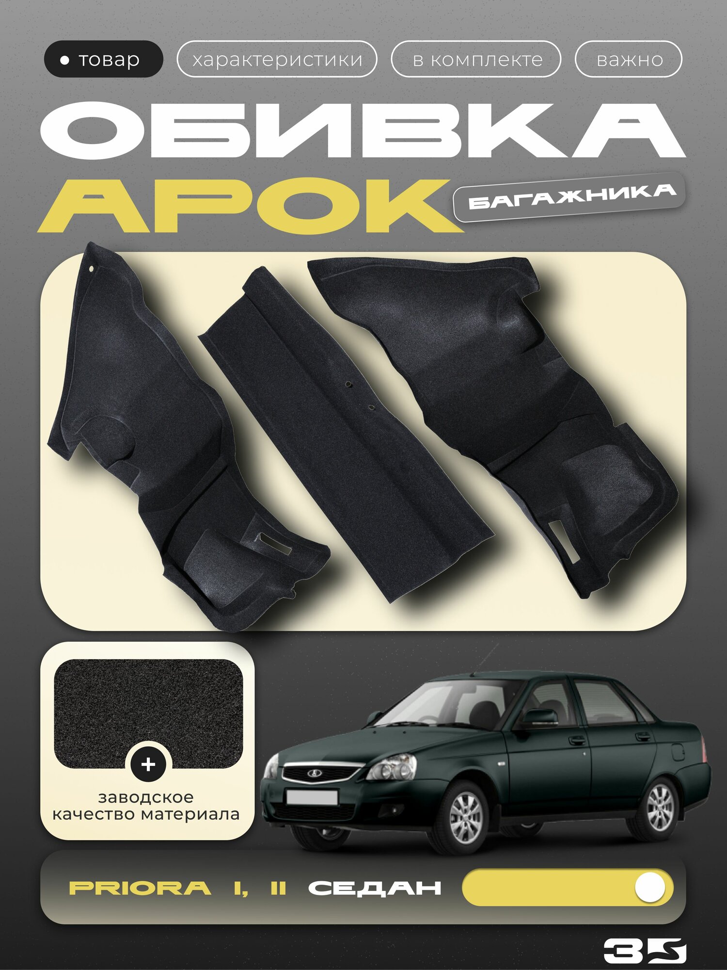 Обивка (обшивка) арок багажника (Формованная) из ворса для Лада Приора седан из 3 частей