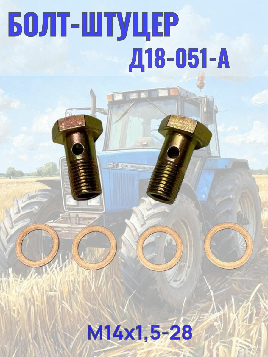 Болт-штуцер М14х1,5-28, 1 отверстие Д18-051-А (2 шт, с шайбами)