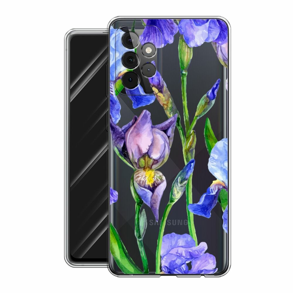 Чехол на Samsung Galaxy A72 / Самсунг Галакси А72 с принтом "Синие ирисы", прозрачный — фото 1