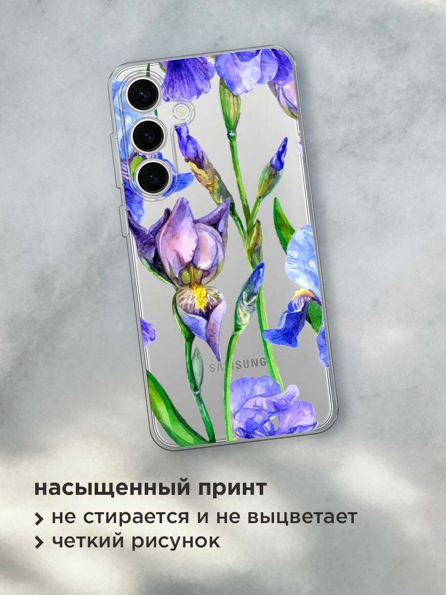 Чехол на Samsung Galaxy S25 FE / Самсунг S25 Фе с принтом "Синие ирисы", прозрачный — фото 1