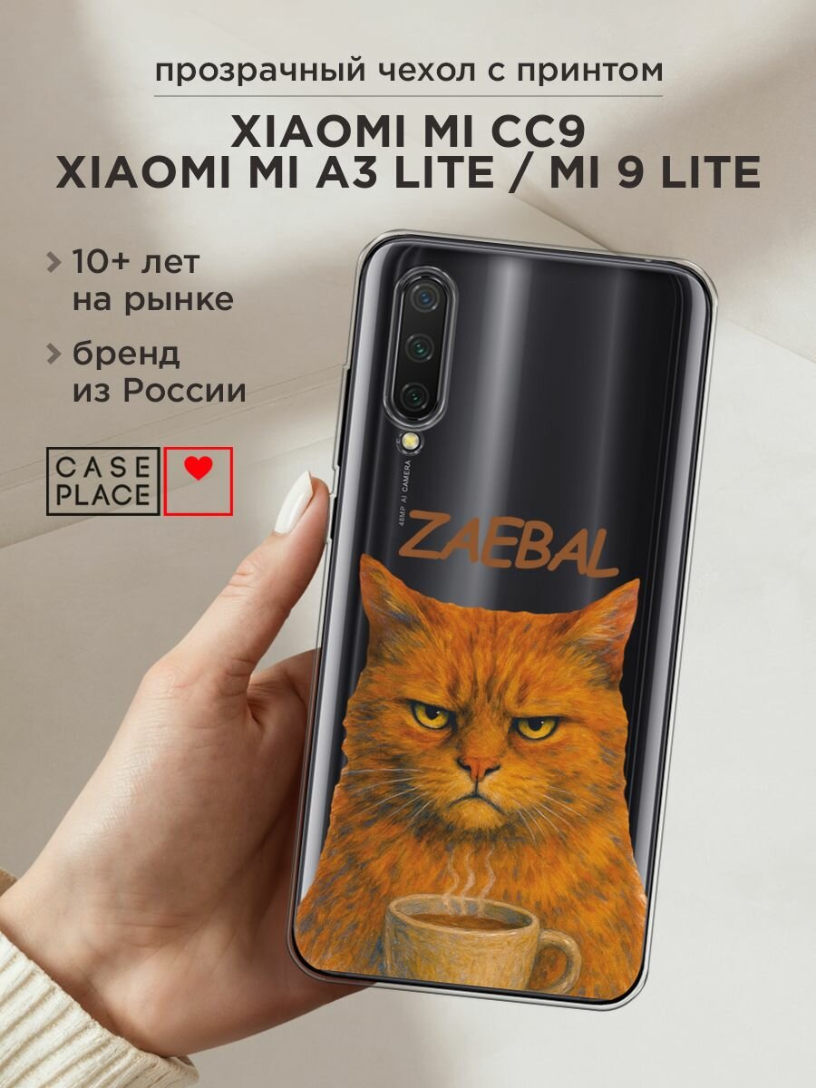 Чехол на Xiaomi Mi CC9/A3 Lite/9 Lite / Сяоми Mi CC9/A3 Lite/9 Lite с принтом "Рыжий кот с надписью", прозрачный
