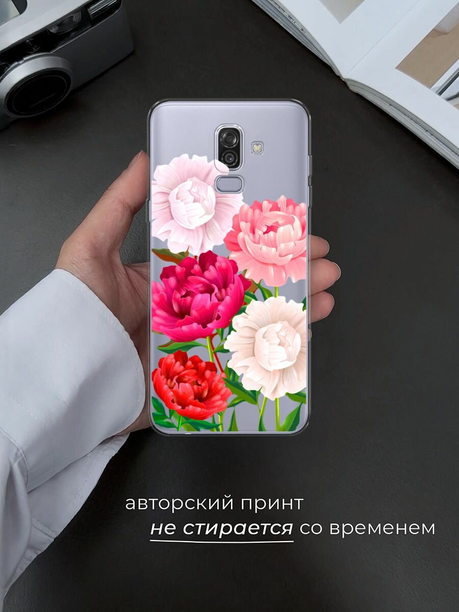 Чехол на Samsung Galaxy J8 / Самсунг Галакси Джей 8 с принтом "Большие пионы", прозрачный — фото 1