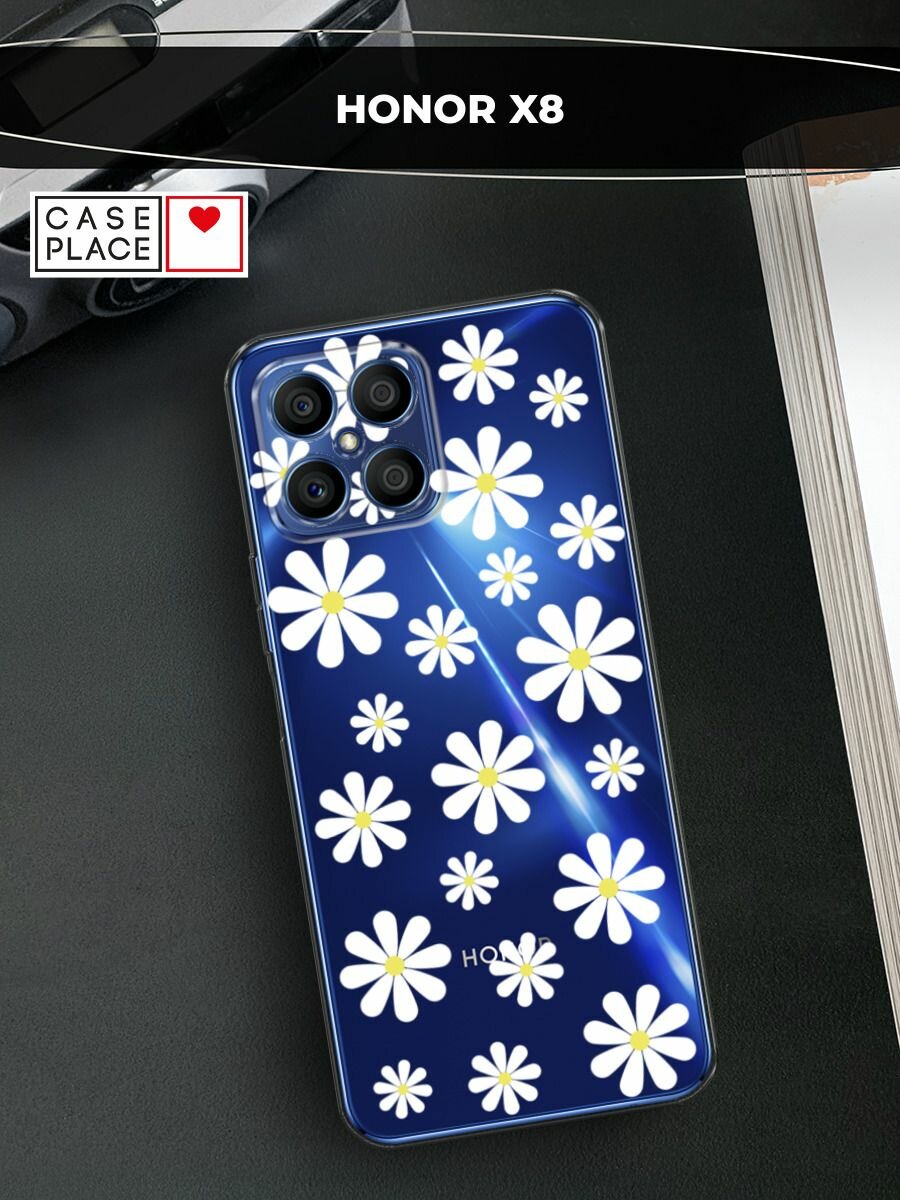 Чехол на Honor X8 / Хуавей X8 с принтом "Большие ромашки", прозрачный