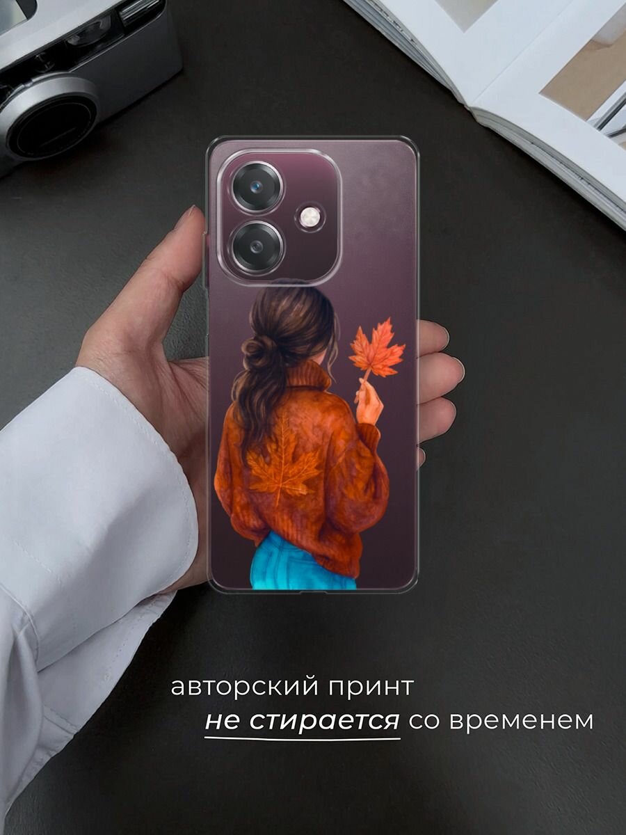 Чехол на Oppo A3/A3x / Оппо А3/A3x с принтом "Девушка с опавшим листом", прозрачный — фото 1