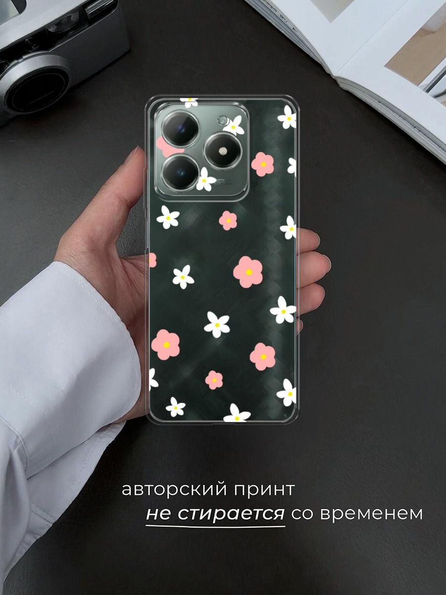 Чехол на Realme C61 4G (Global) / Реалми C61 4G с принтом "Розовые и белые цветы", прозрачный — фото 1