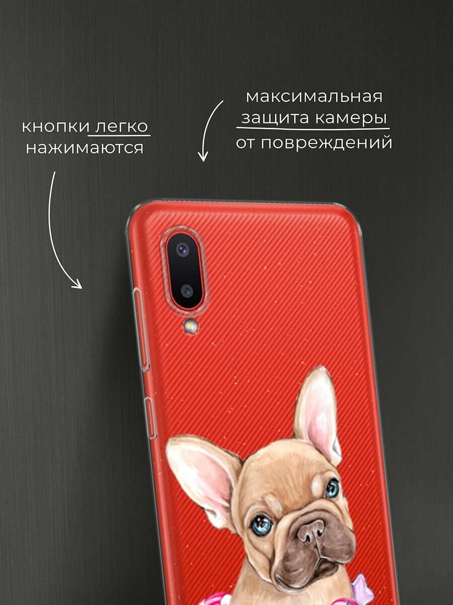 Чехол на Samsung Galaxy A02 / Самсунг Галакси А02 с принтом "Бульдог и сладости", прозрачный — фото 1