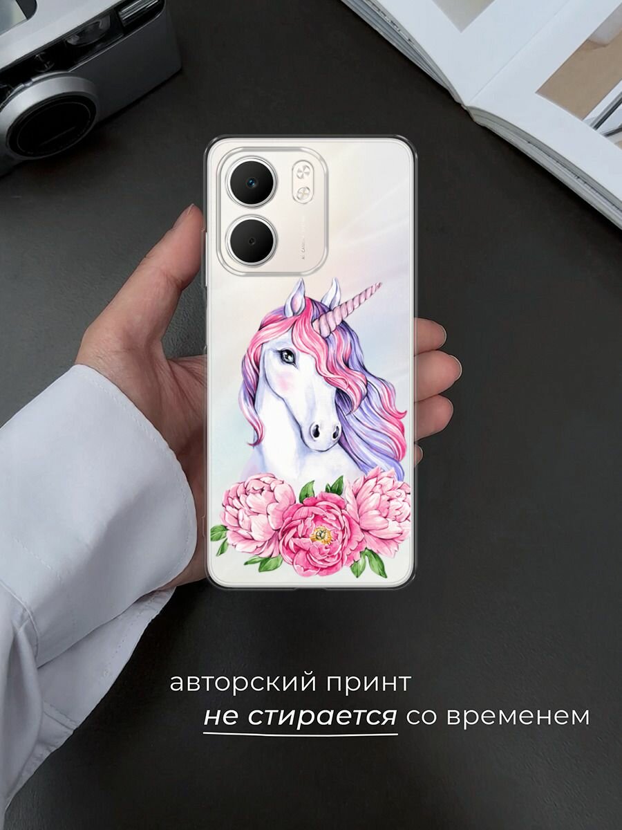 Чехол на Oppo A5x / Оппо А5x с принтом "Единорог с пионами", прозрачный — фото 1