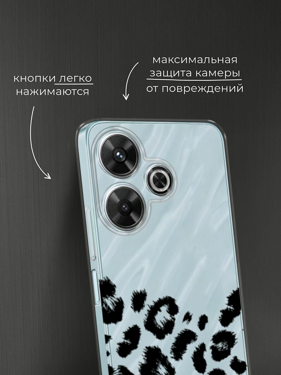Чехол на Xiaomi Redmi Note 13R/Redmi 13/Poco M6 4G/M6 Plus с принтом "Окрас леопарда фон черный", прозрачный — фото 1