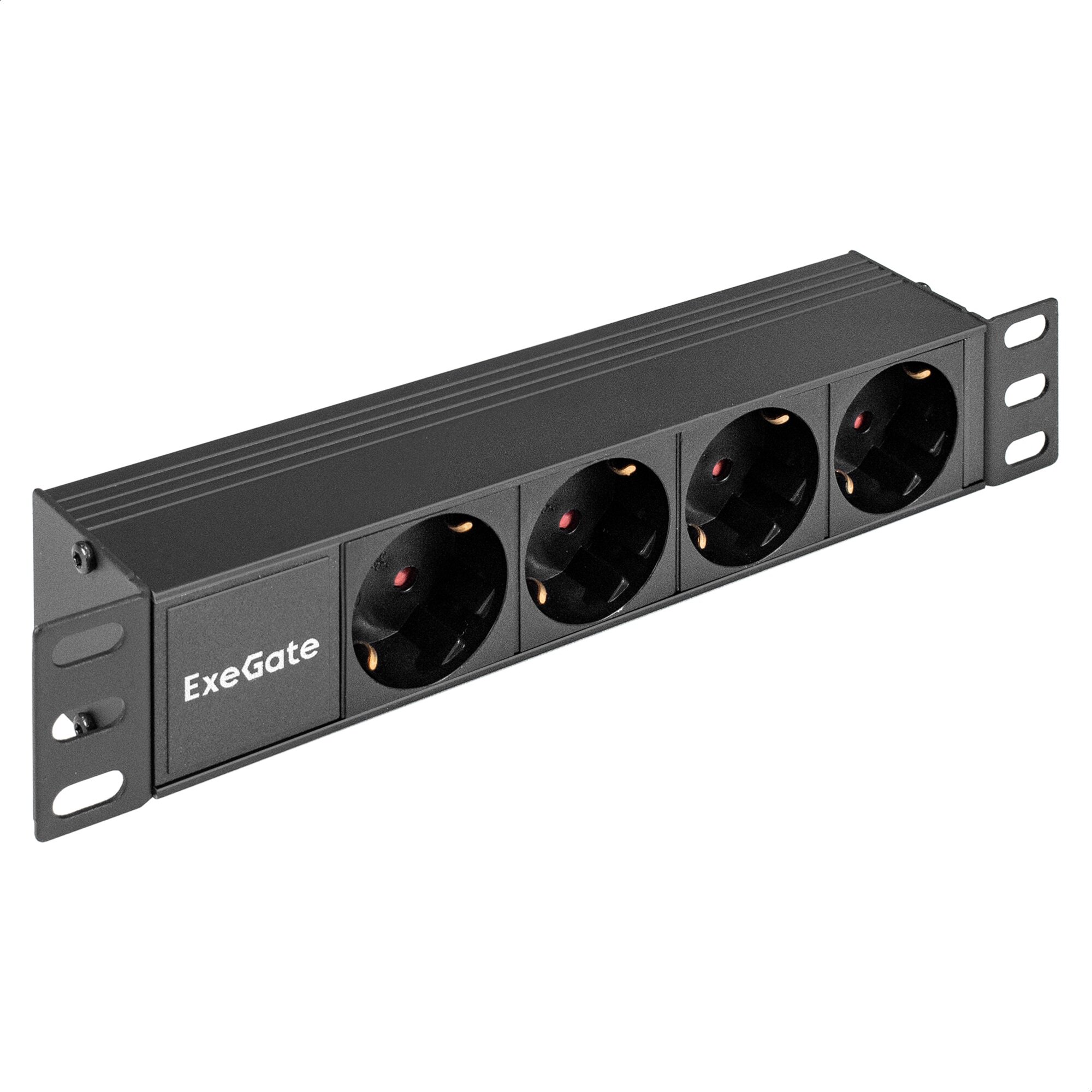 Блок розеток 10" с разъемом C14 ExeGate ServerPro PDU-10H401 Al-4S-C14 (10", 1U, Алюминий, 4 Schuko, C14, (ШхВхГ): 274х45х45 мм, черный, RTL) EX298596RUS