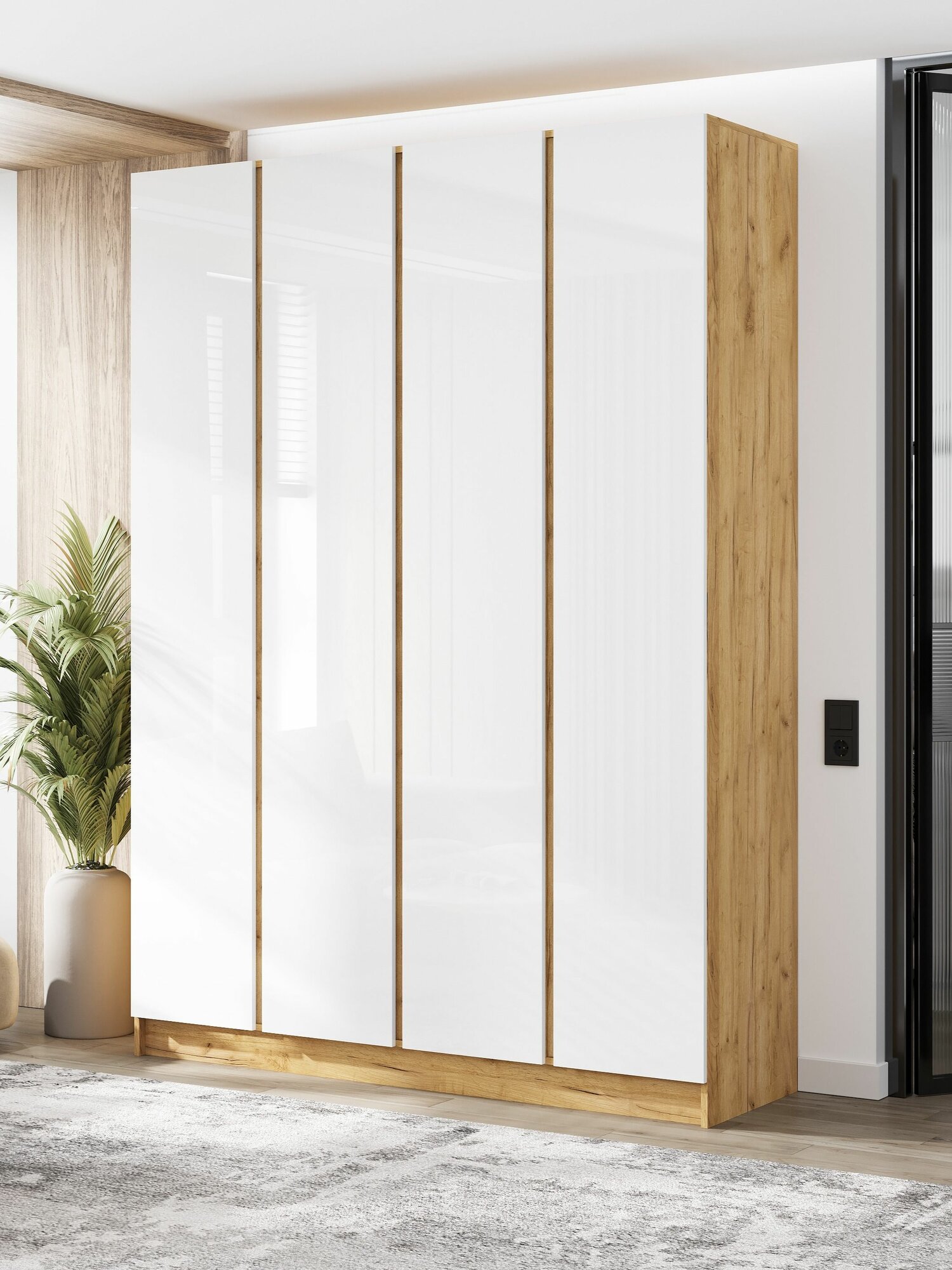 Шкаф распашной Келвин 4-х ств. (1600) (Белый Глянец, Дуб Крафт)